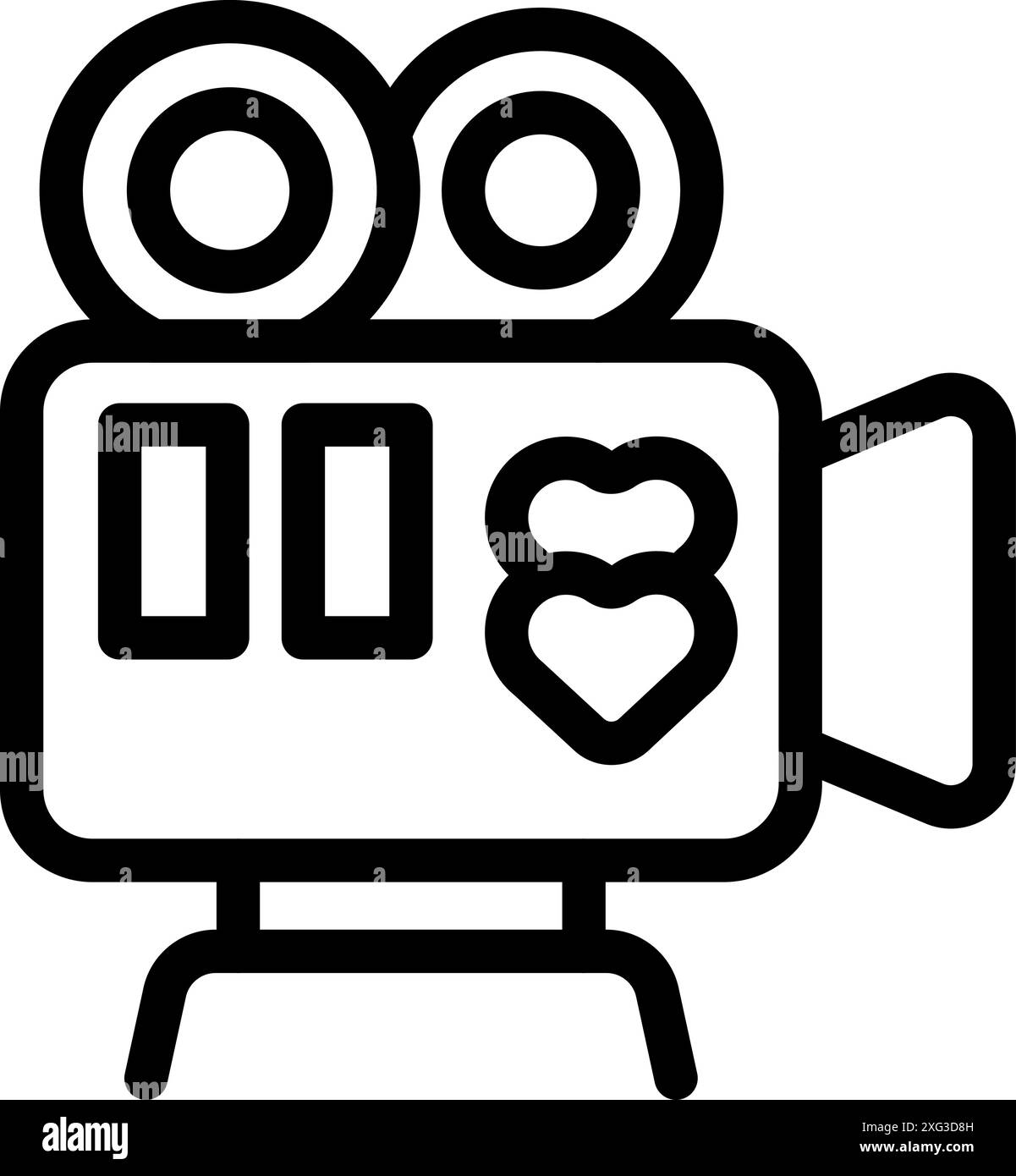 Line art icon of a vintage movie camera with two hearts, representing ...