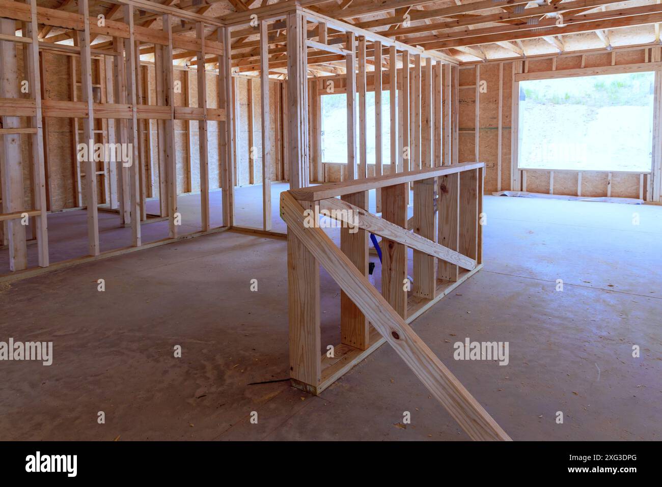During construction of new house, timber frame framing beams is seen ...