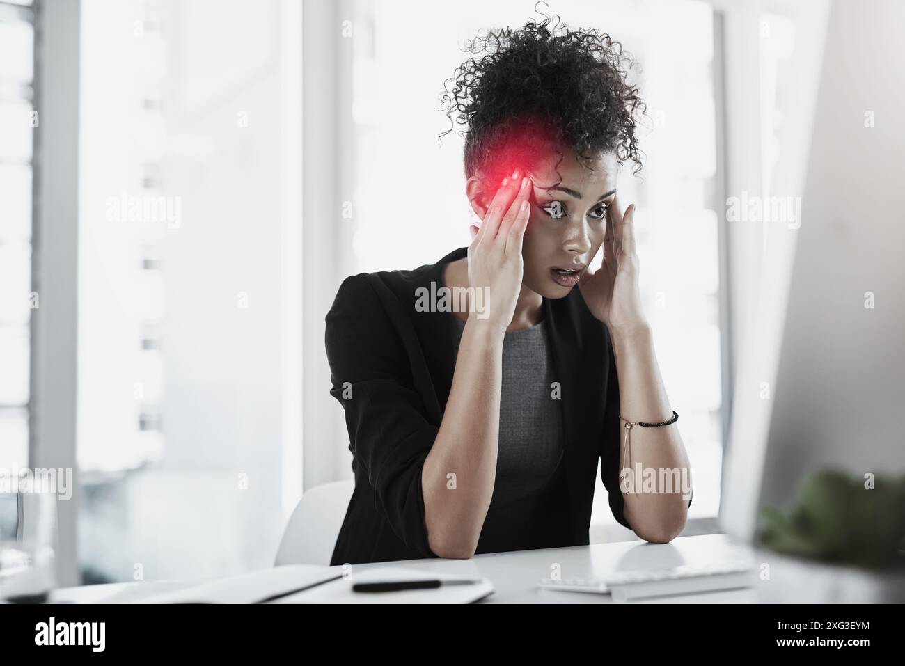 Headache, burnout and woman in office, computer and stress of research ...