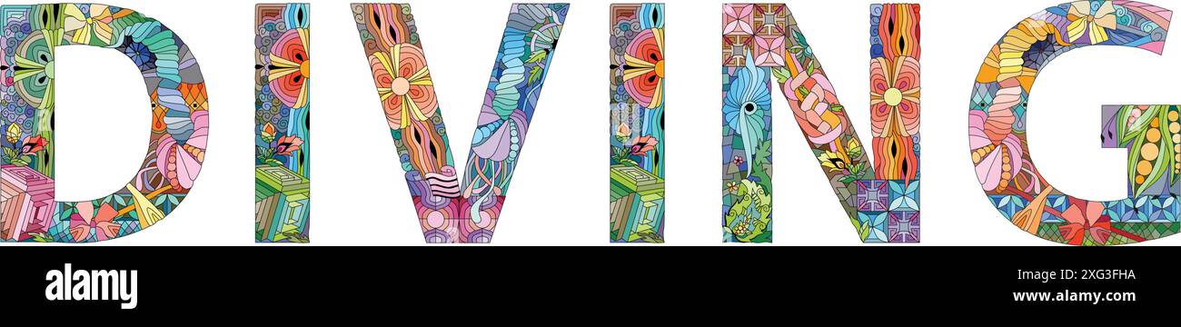 Hand-painted art design. Hand drawn illustration word DIVING for t ...