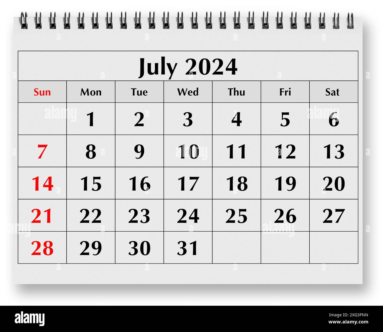 One page of the annual monthly calendar - month July 2024 Stock Photo ...