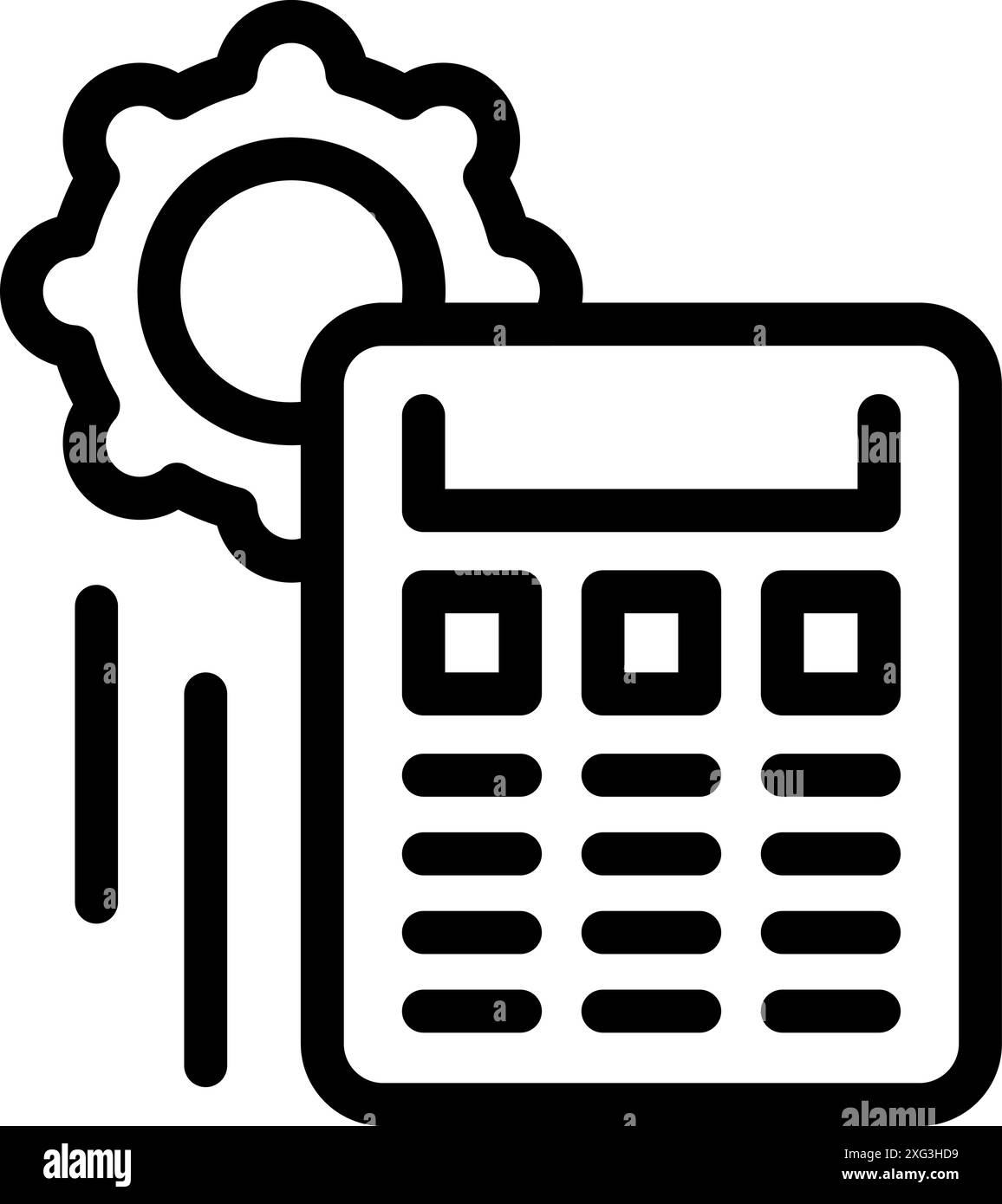 Line art icon of a gear falling onto a calculator, symbolizing a ...