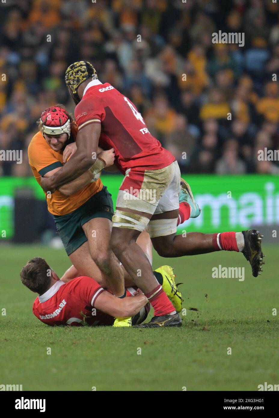 Mason Grady (L), Christ Tshiunza (R) of Wales men rugby team and Fraser ...