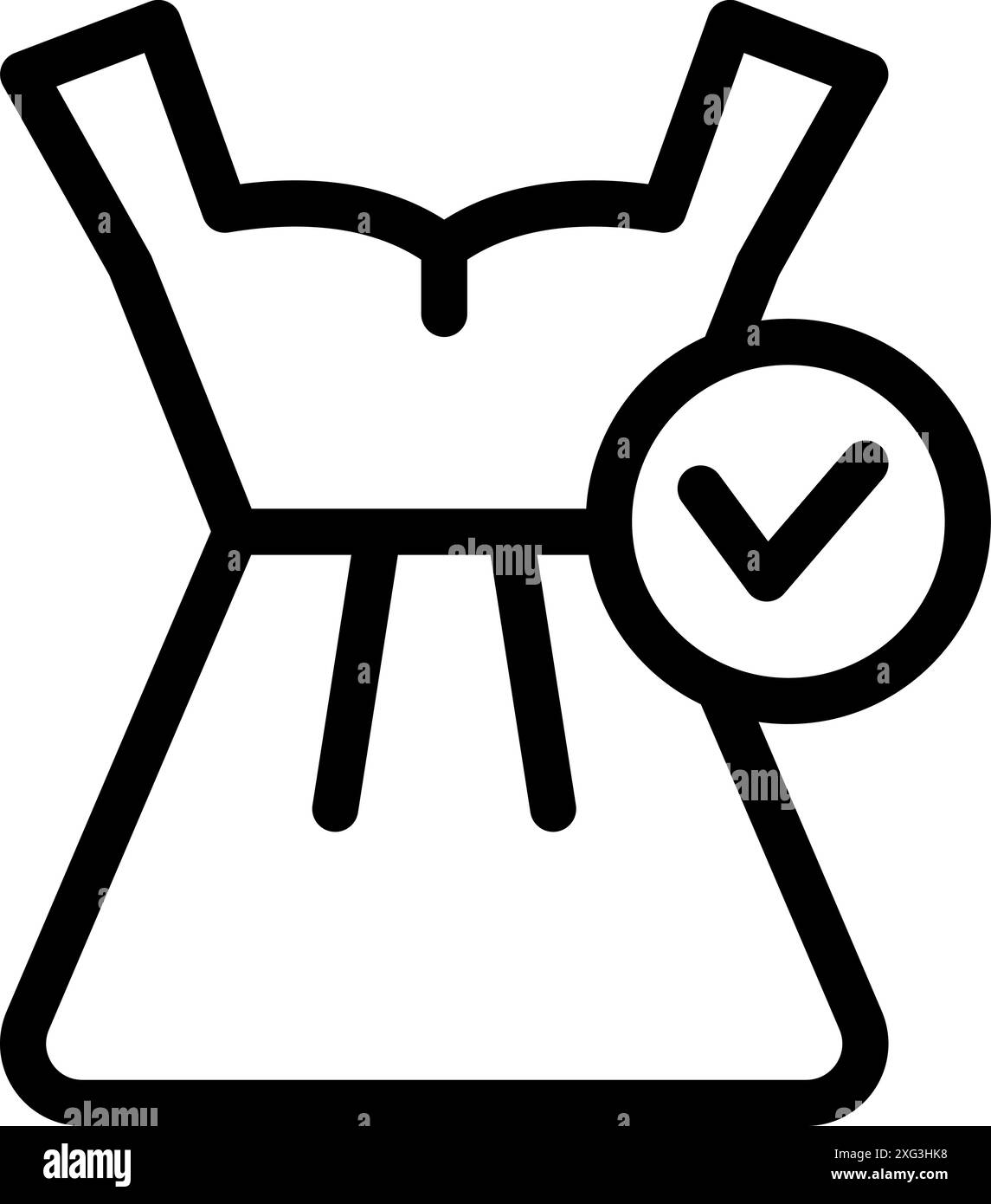 Simple black line art icon of a dress with a check mark symbol ...