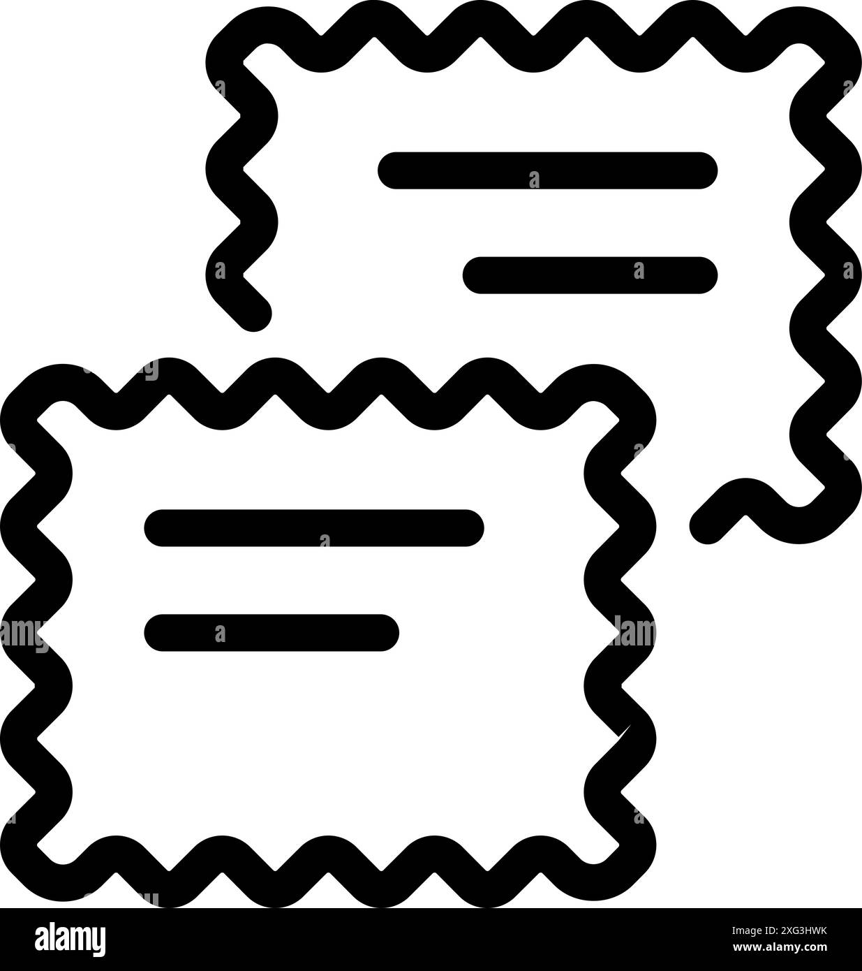Simple black and white icon of two pieces of paper with wavy edges ...
