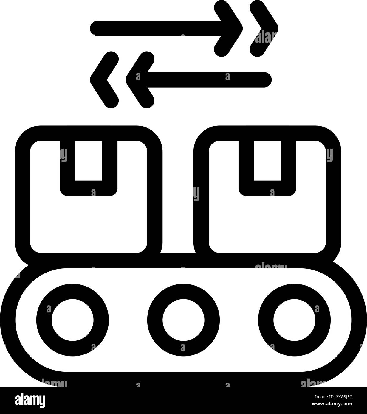 Conveyor belt moving boxes with arrows above symbolizing import export ...