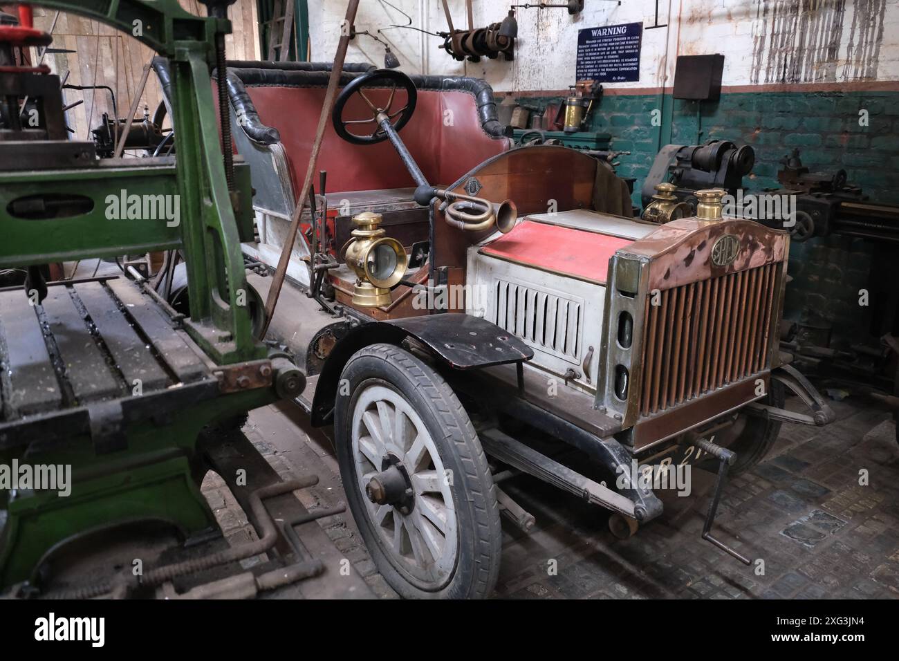 Beamish museum. Durham, UK. vintage vehicle in 1920's garage Stock ...