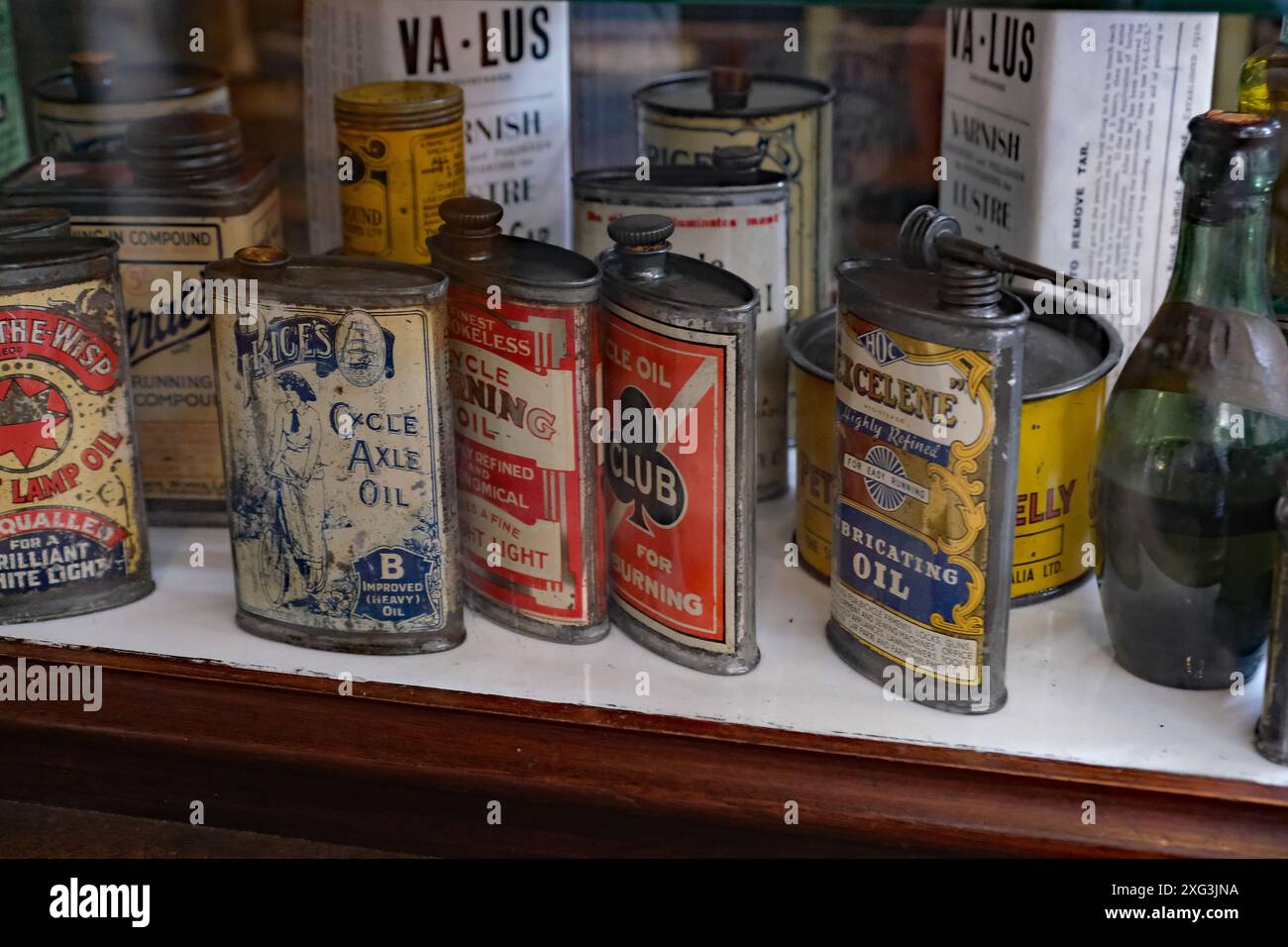 Beamish museum. Durham, UK. Oil and petroleom containers in 1920's ...