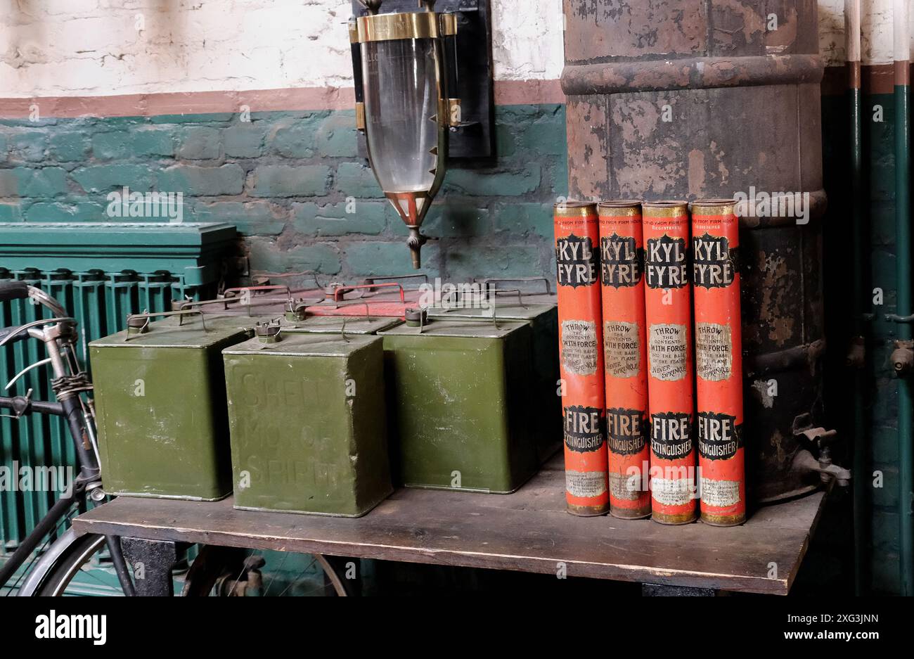 Beamish museum. Durham, UK. Oil and petroleom containers in 1920's ...