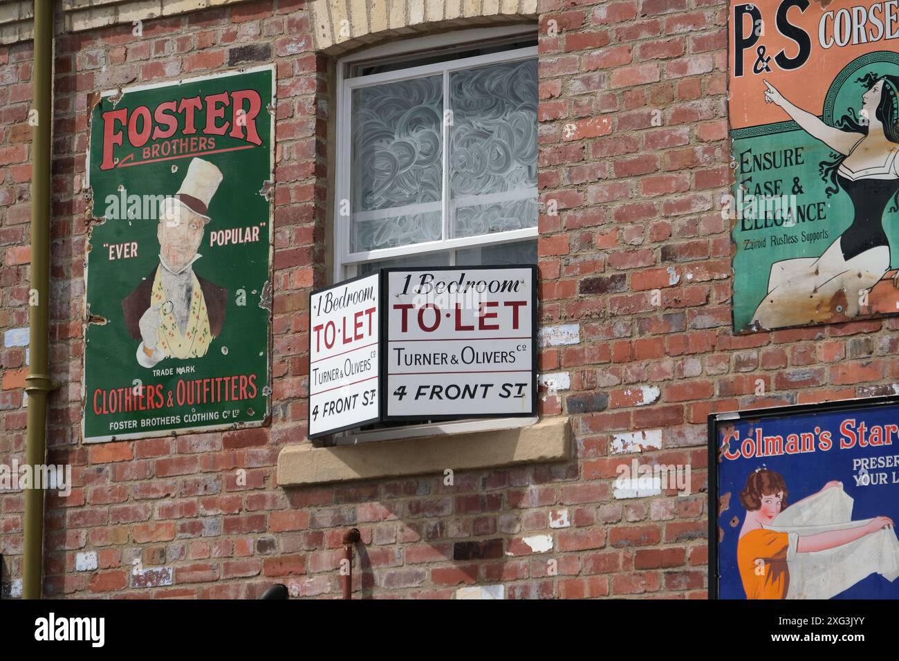 Beamish open air museum. UK. Vintage advertising signs on walls and ...