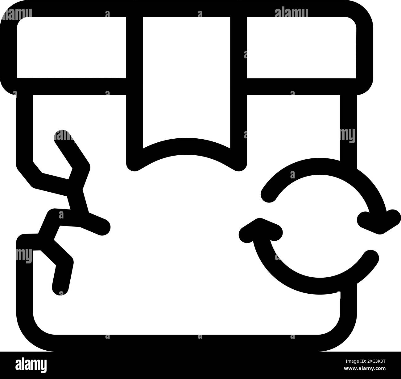Line icon of a damaged cardboard box with a returning arrows symbol ...
