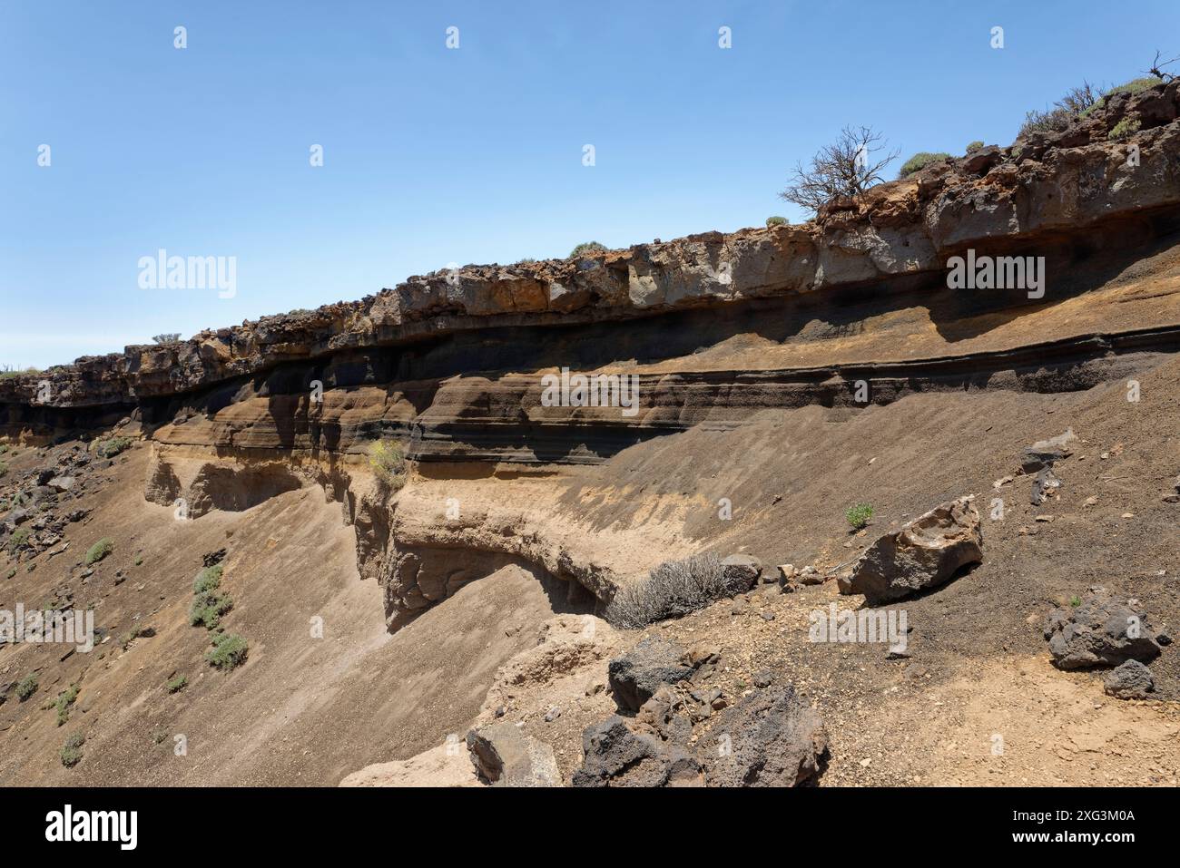An eroded gulley between Montana El Cerrillar and Montana de las Arenas Negras exposing layers ...