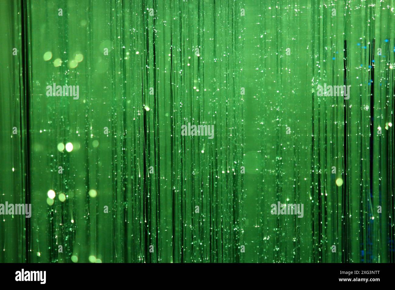 Abstract background of fiber optic light strands in green tones. High ...