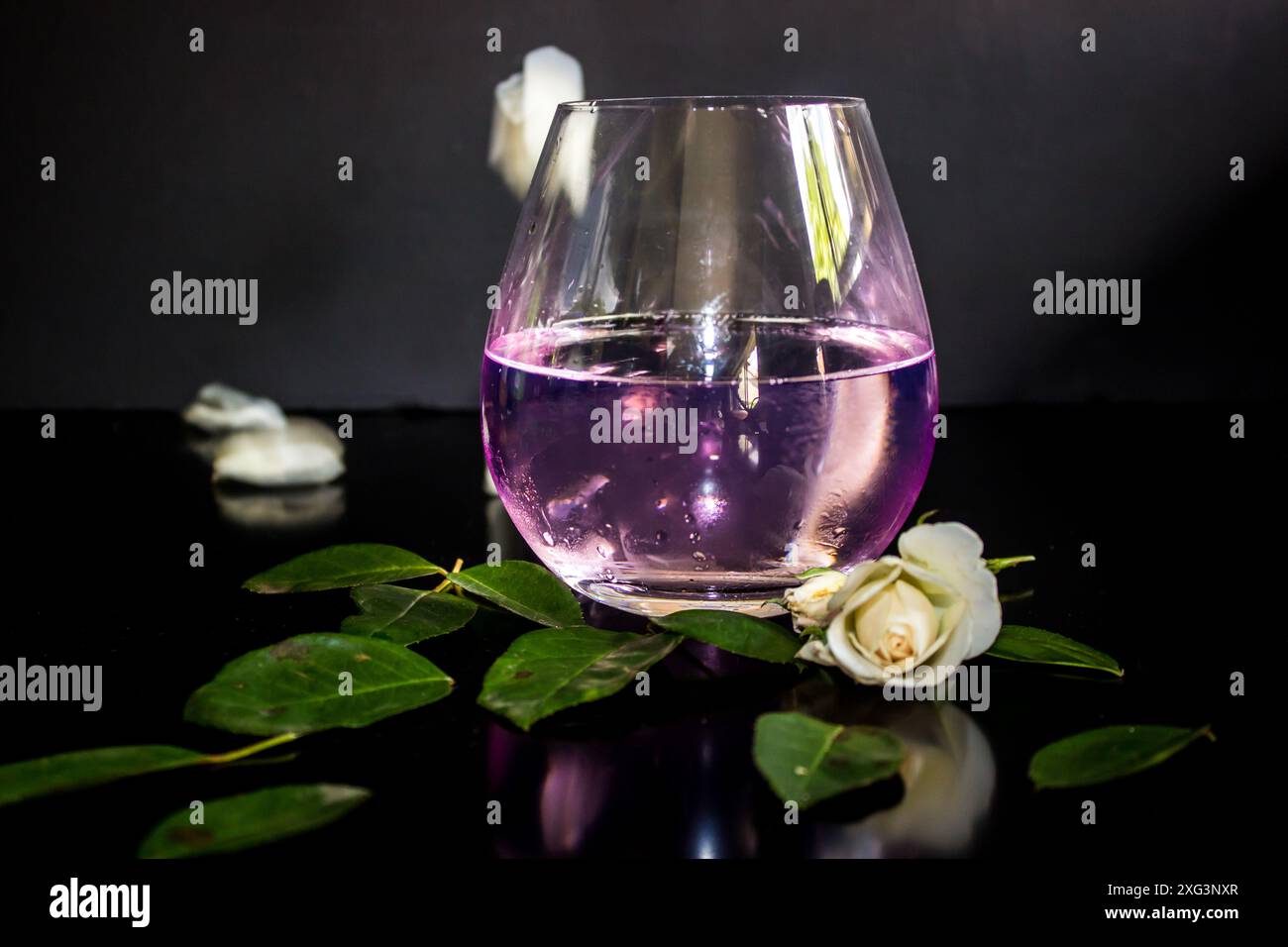 A glass of pink gin and tonic, surrounded by rose, flowers and leaves ...
