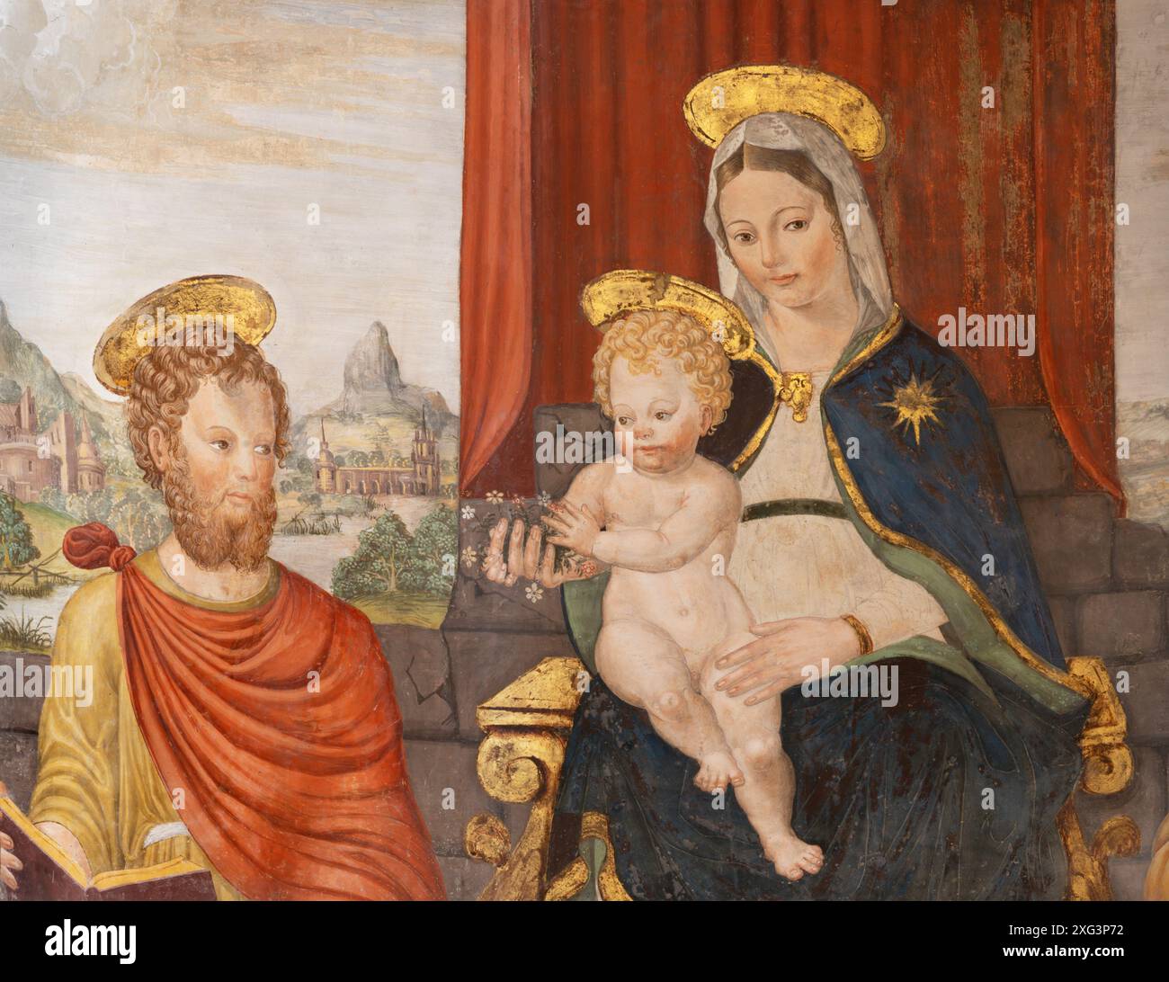 SPELLO, ITALY - MAY 18, 2024: The renaissance fresco of Madonna with St ...