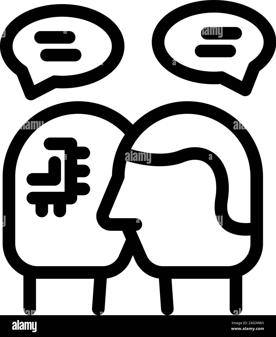 Two people talking, one with a microchip in their head, representing ...