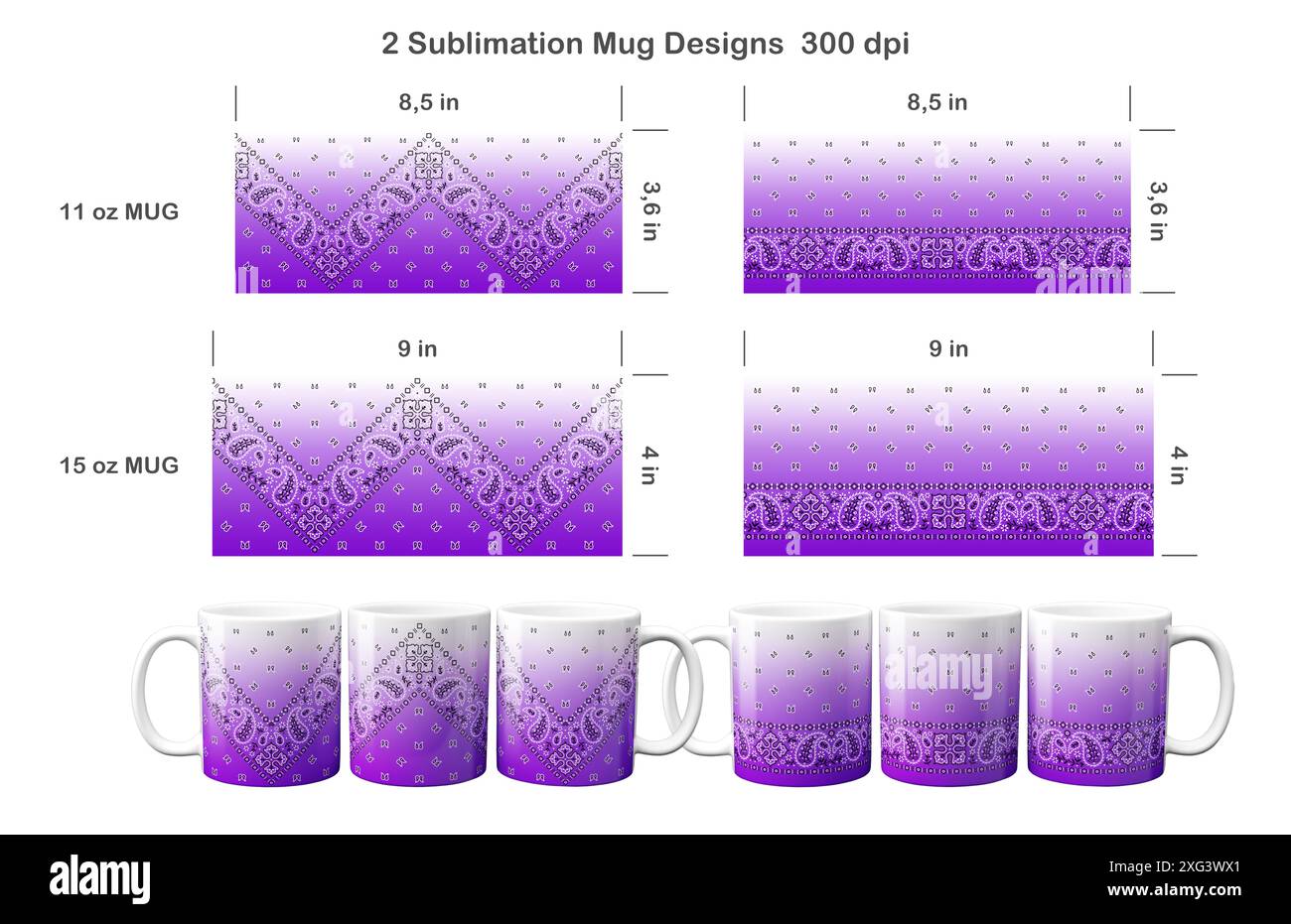 Set of 2 purple ombre paisley bandana patterns. Sublimation templates ...