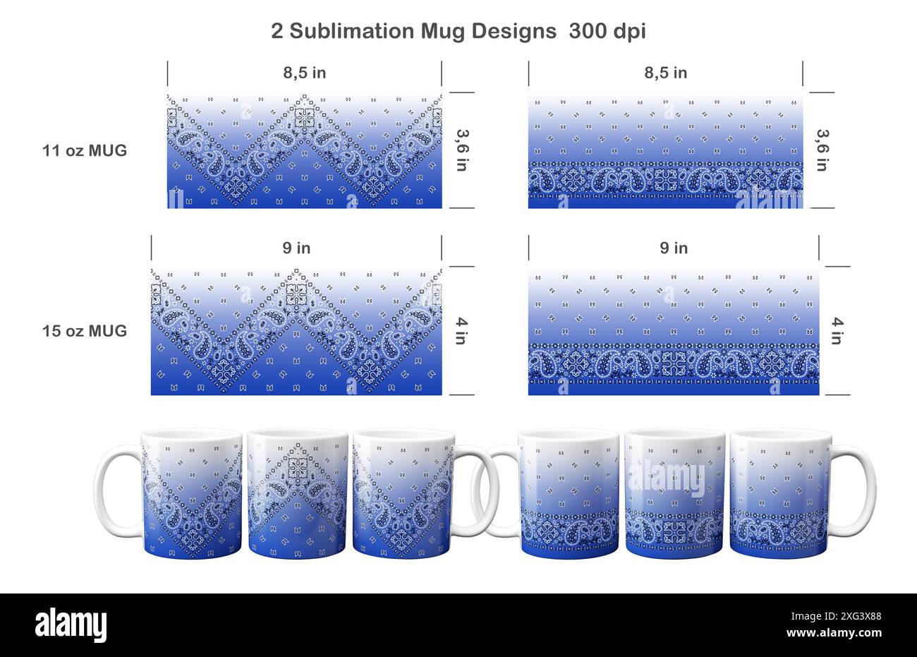 Set of 2 blue ombre paisley bandana patterns. Sublimation templates for ...