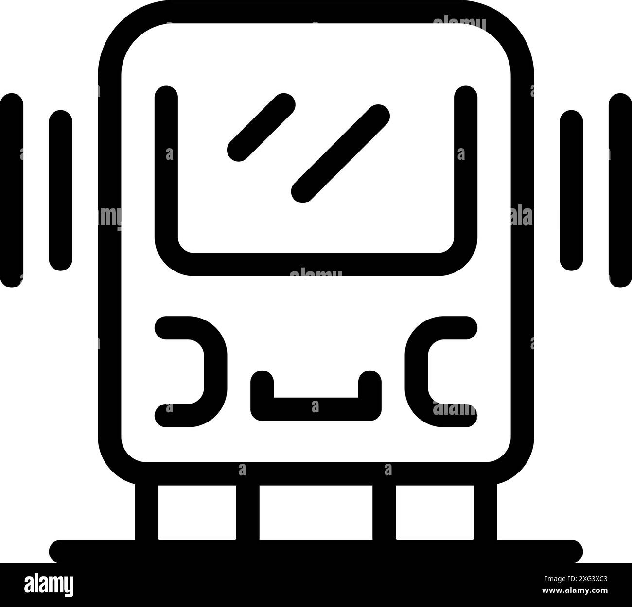 Simple black and white icon of a modern tram arriving at a public ...