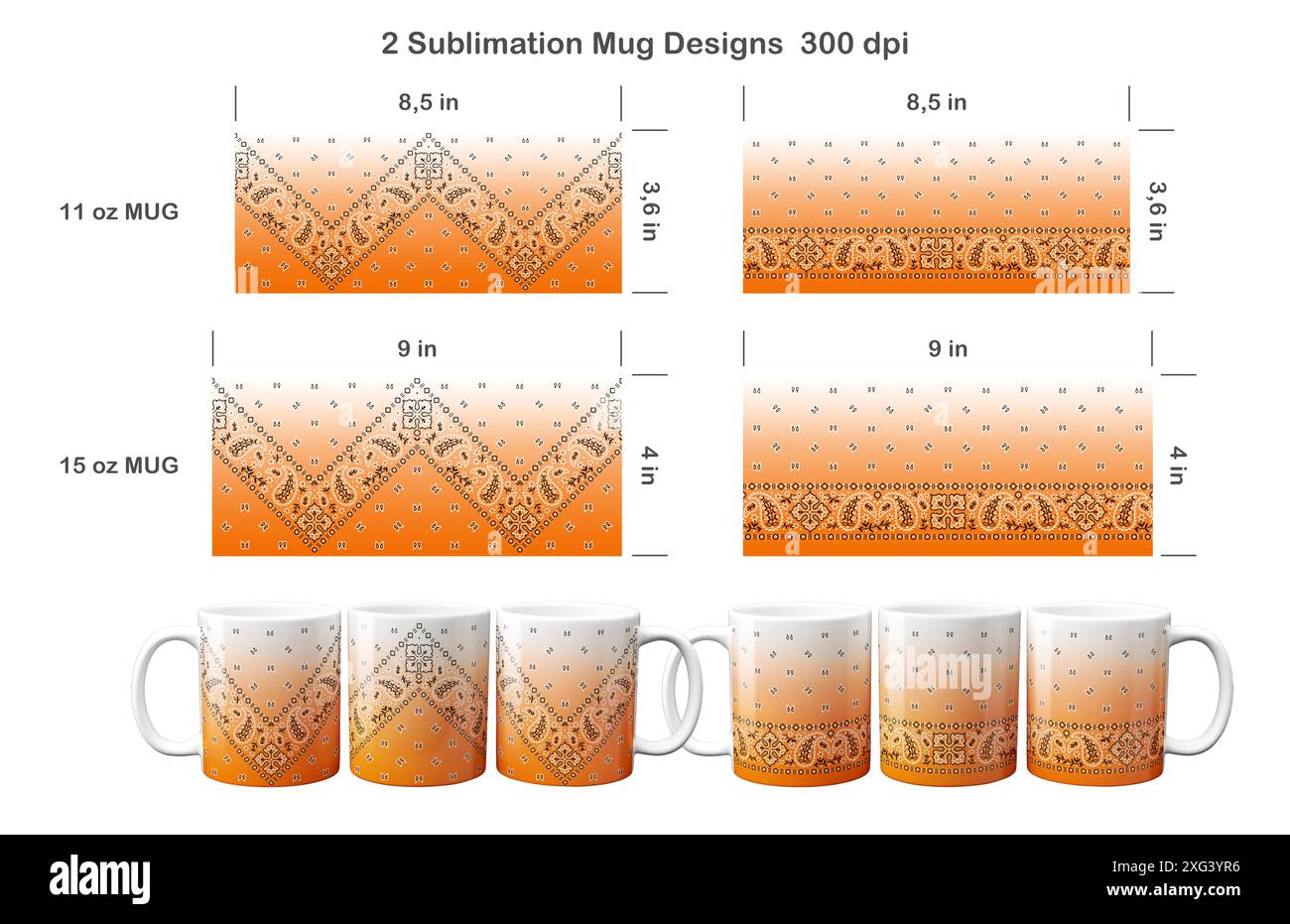 Set of 2 orange ombre paisley bandana patterns. Sublimation templates ...