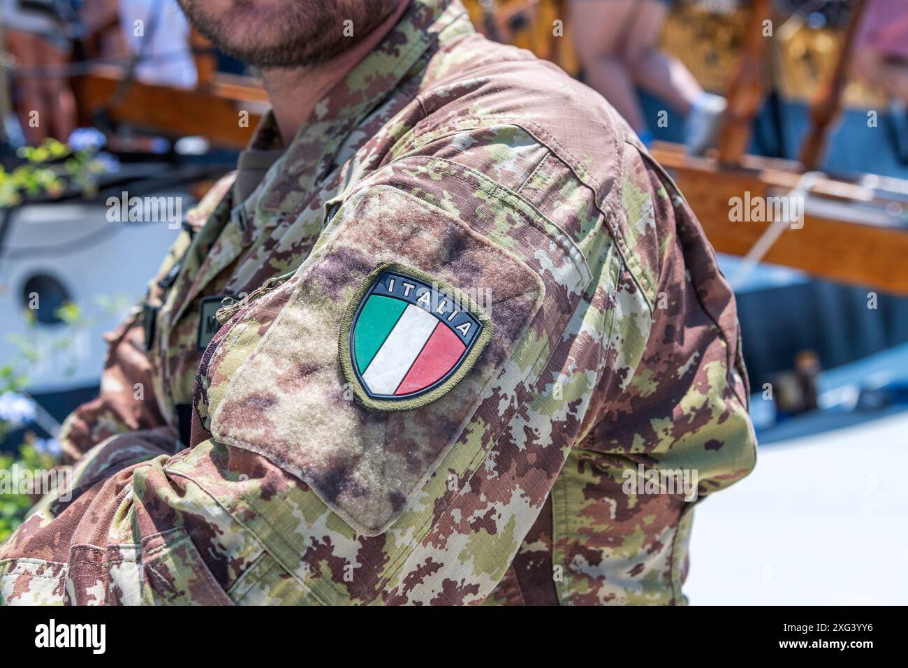 San Pedro, CA, USA – July 5, 2024: Close up of an Italian soldier’s ...