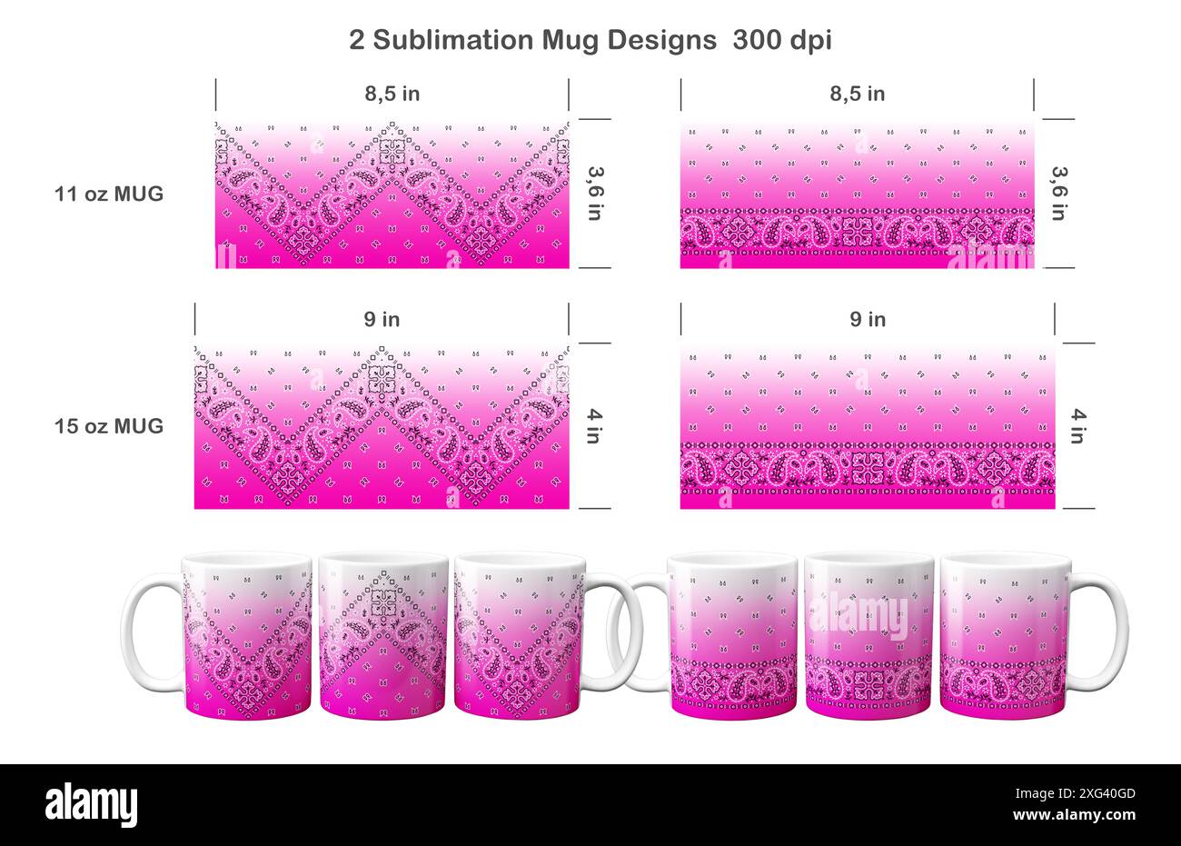 Set of 2 pink ombre paisley bandana patterns. Sublimation templates for ...