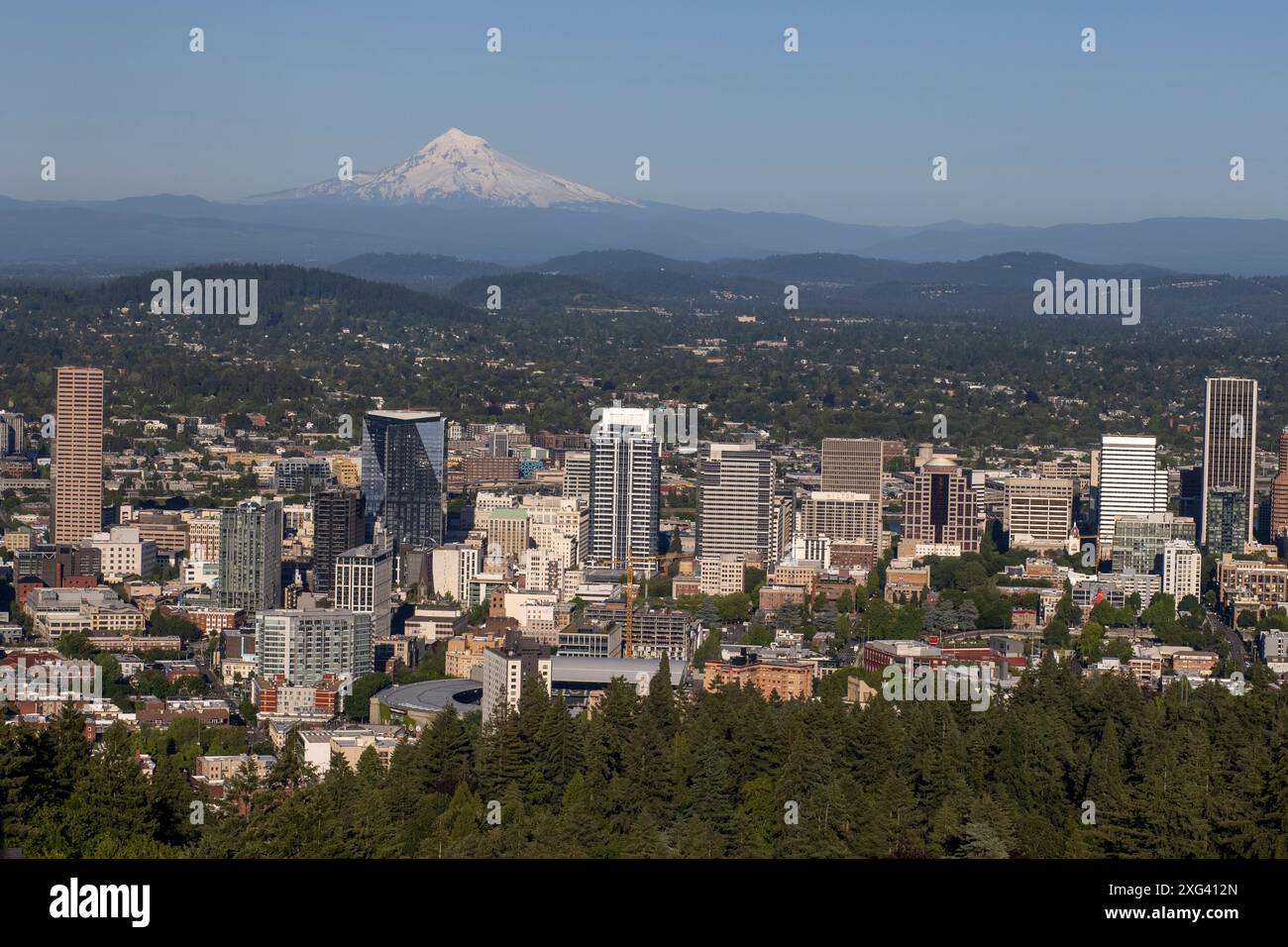 Portland Oregon downtown with Mt. Hood from the Pittock Mansion ...