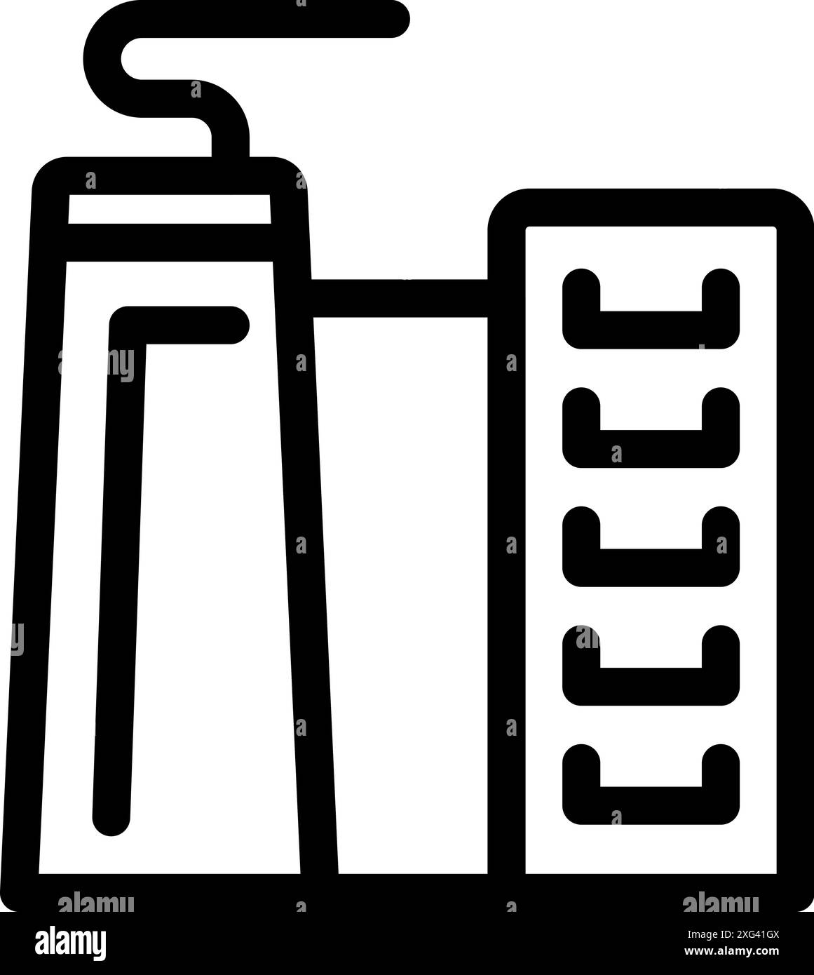 Simple bold line art icon representing a factory building with an ...