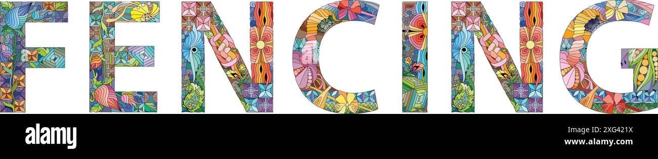 Hand-painted art design. Hand drawn illustration word FENCING for t ...