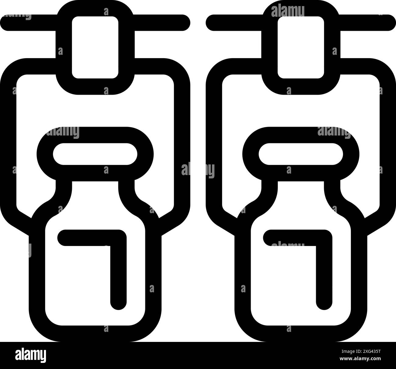 Line icon of two milk bottles hanging on conveyor belt, representing ...