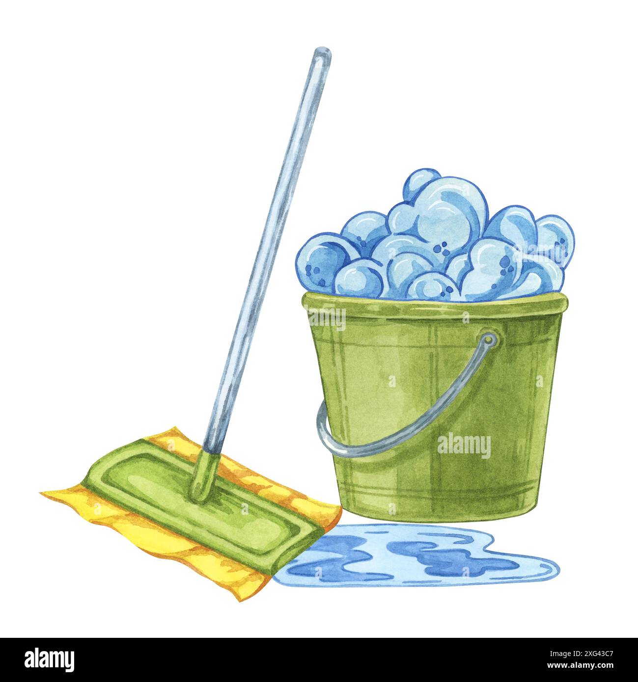 Green mop, yellow rag and washing bucket with blue foam. Household ...