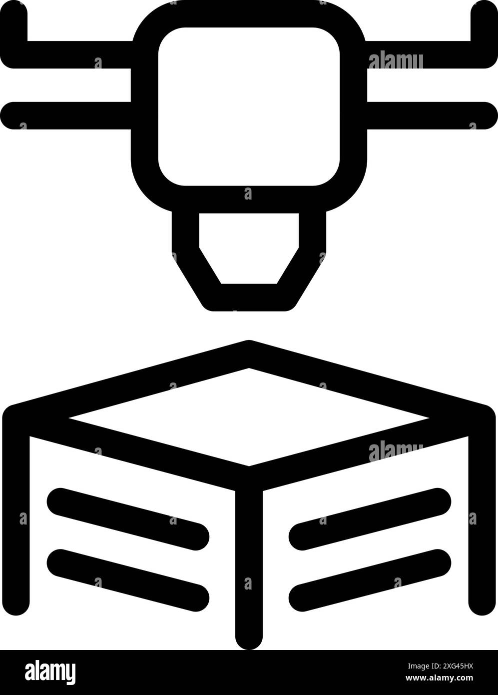 Line icon of a 3d printer creating a cube in a manufacturing process ...