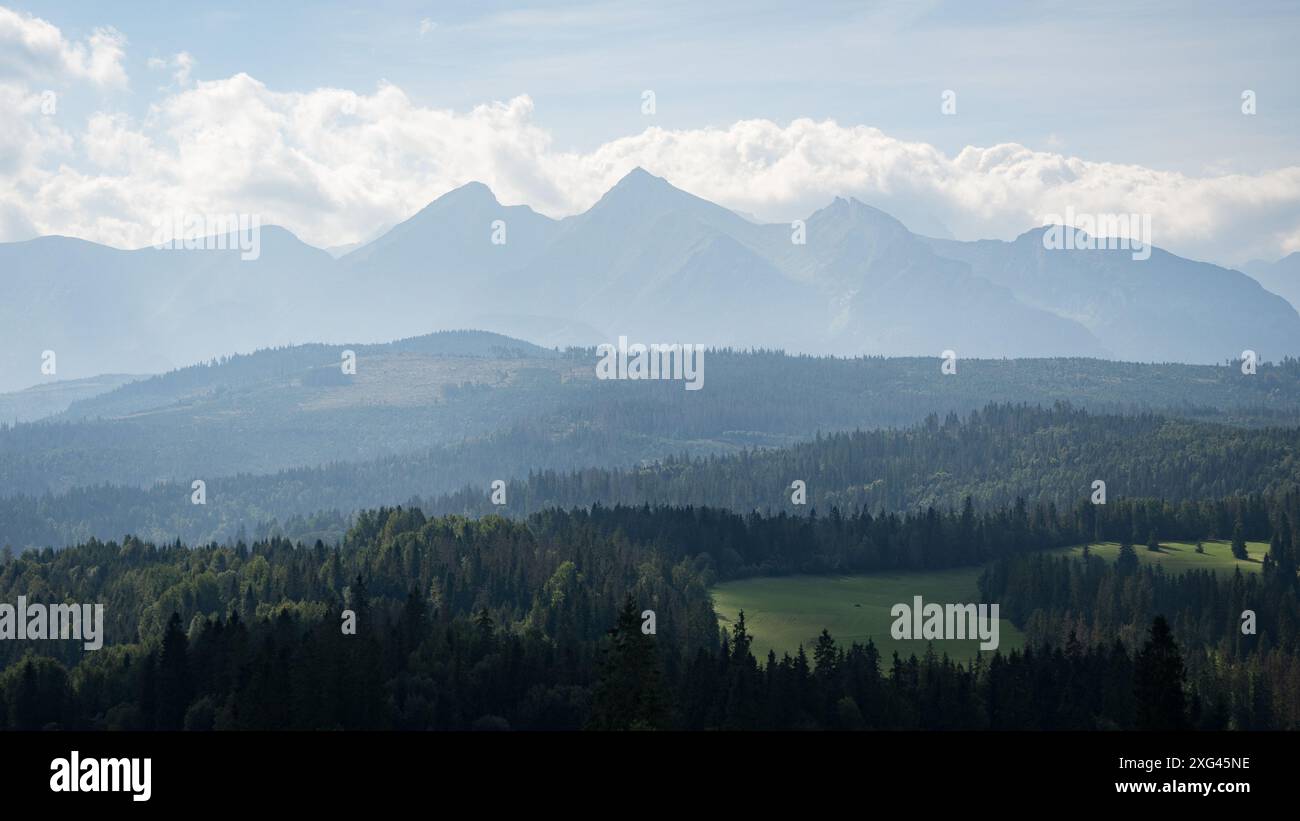 Landscape with green pastures, forests and significant mountain range ...