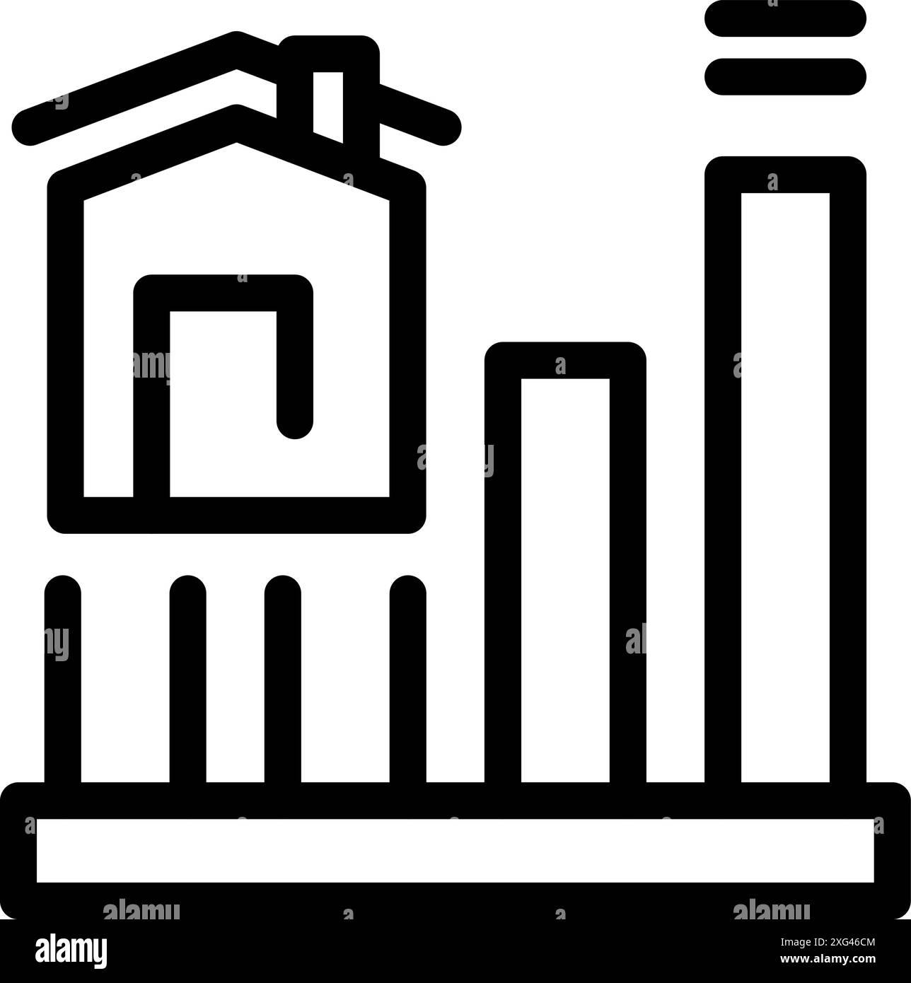 Line art icon of a house sitting on top of an increasing bar graph ...