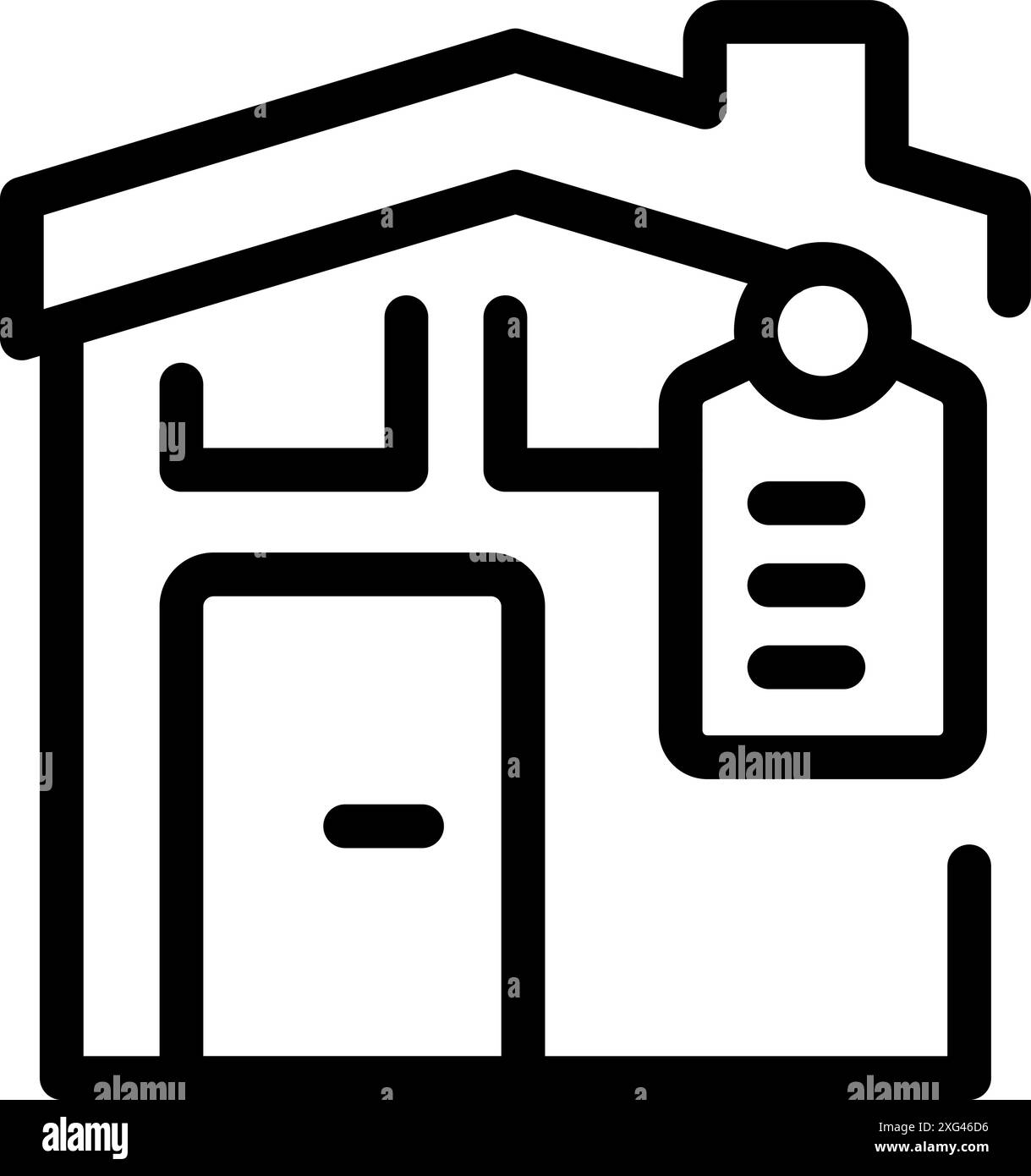 Simple line drawing of a house with a price tag, representing buying or ...