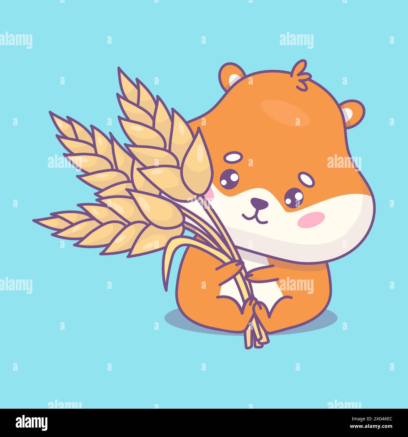 Cute cartoon hamster sitting with ears of wheat. Funny kawaii animal ...