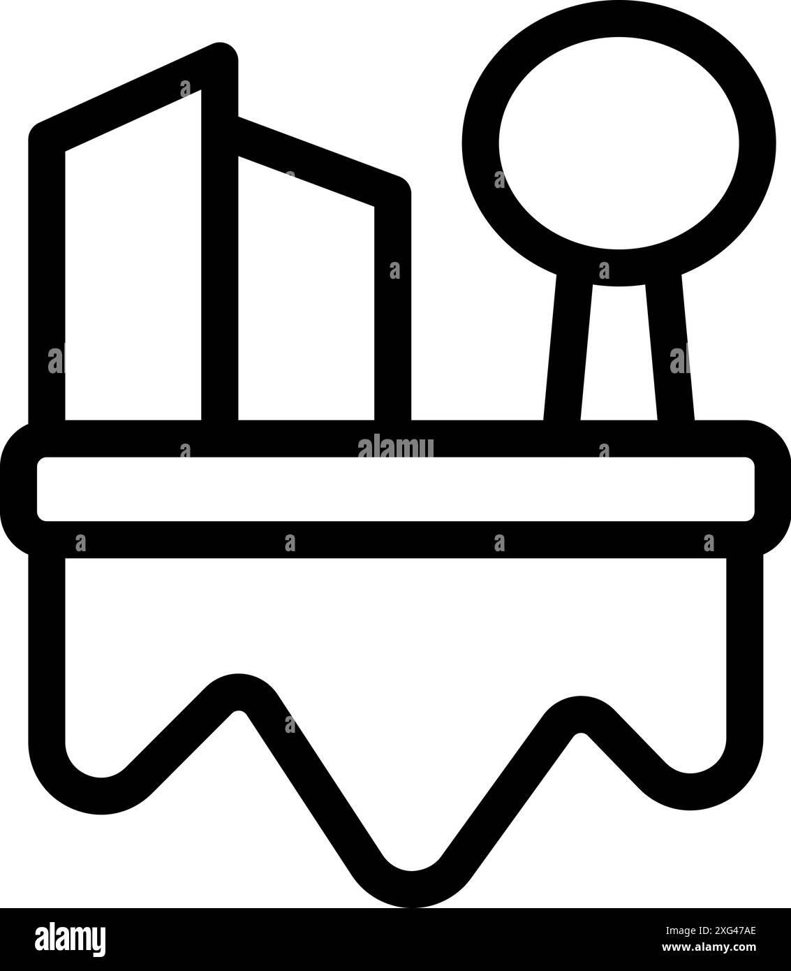 Line drawing of buildings and a tree on a platform with a wavy base ...