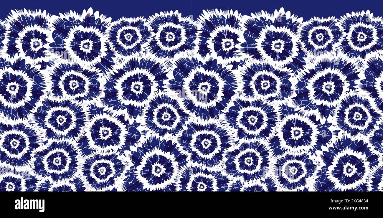 Vector blue indigo shibori circle flowers abstract horizontal border ...