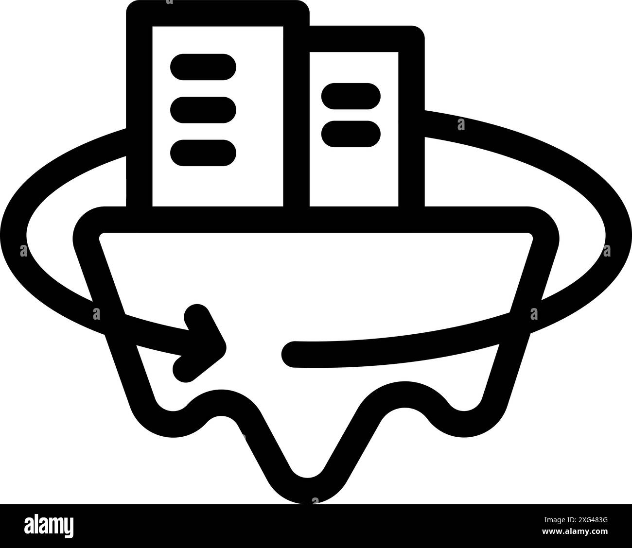 Line art icon of arrow circling buildings over melting foundation ...