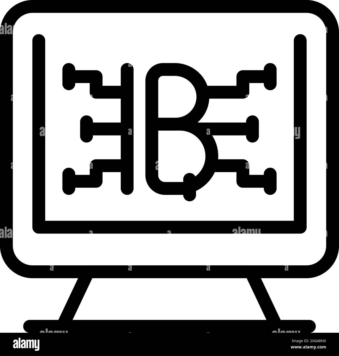 Line art icon of a computer screen showing a bitcoin symbol connected ...