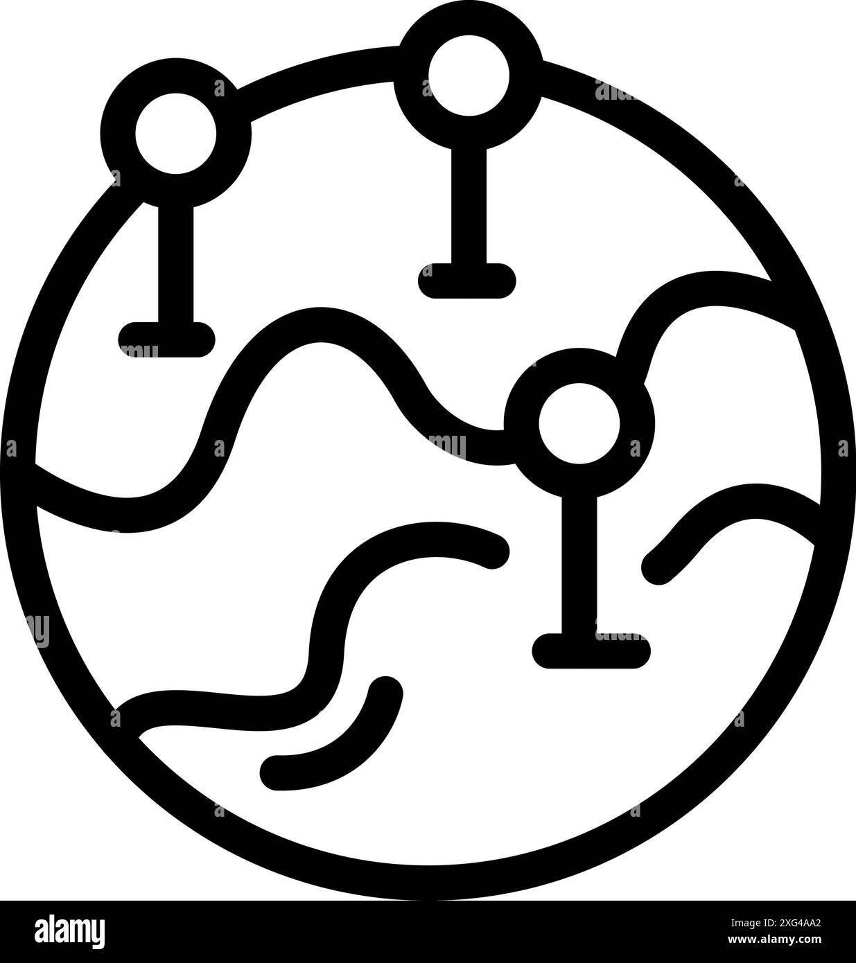 Line drawing of a world map with three gps location pins, symbolizing ...