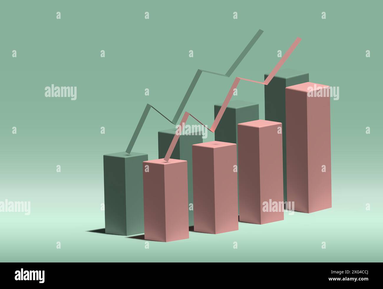 Columns of increasing graph with shadow on green background, 3D ...