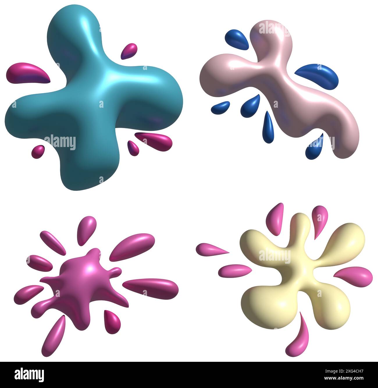 Multi-colored blots and drops with a smooth shiny surface, 3D rendering ...