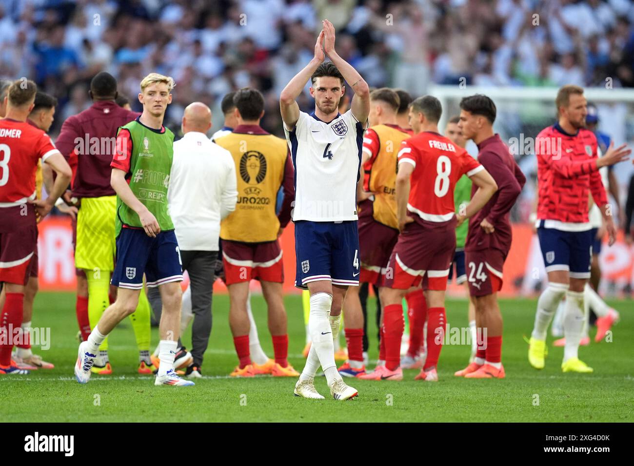 England's Declan Rice applauds the fans after victory in the penalty ...
