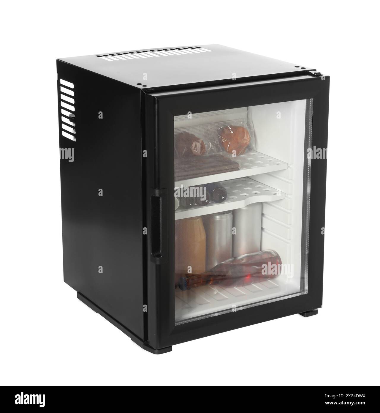 Mini refrigerator with drinks and snacks isolated on white Stock Photo ...