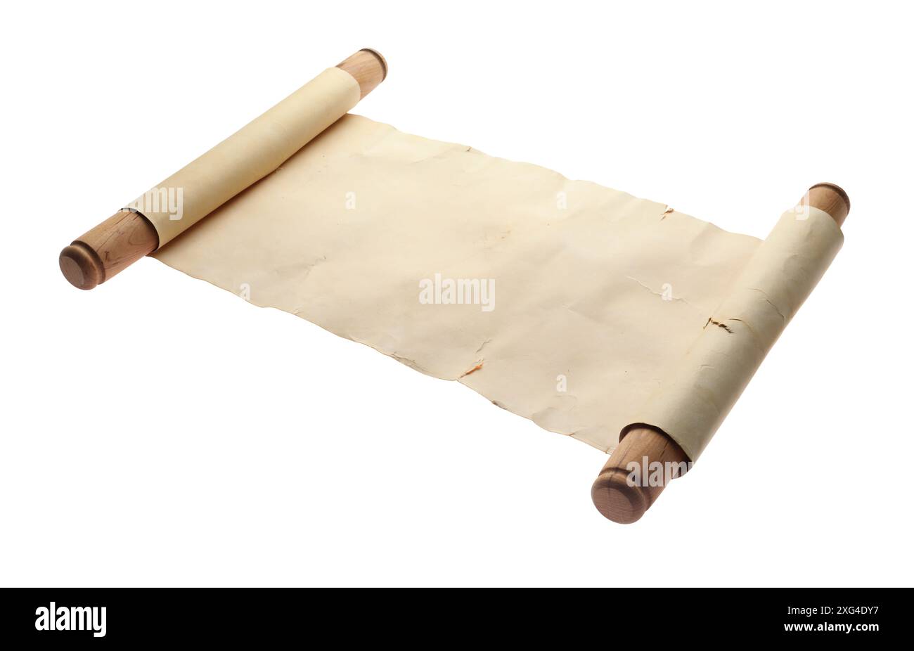 Scroll of old parchment paper with wooden handles isolated on white ...