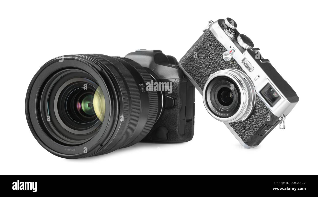 Modern cameras isolated on white. Photographer's equipment Stock Photo ...