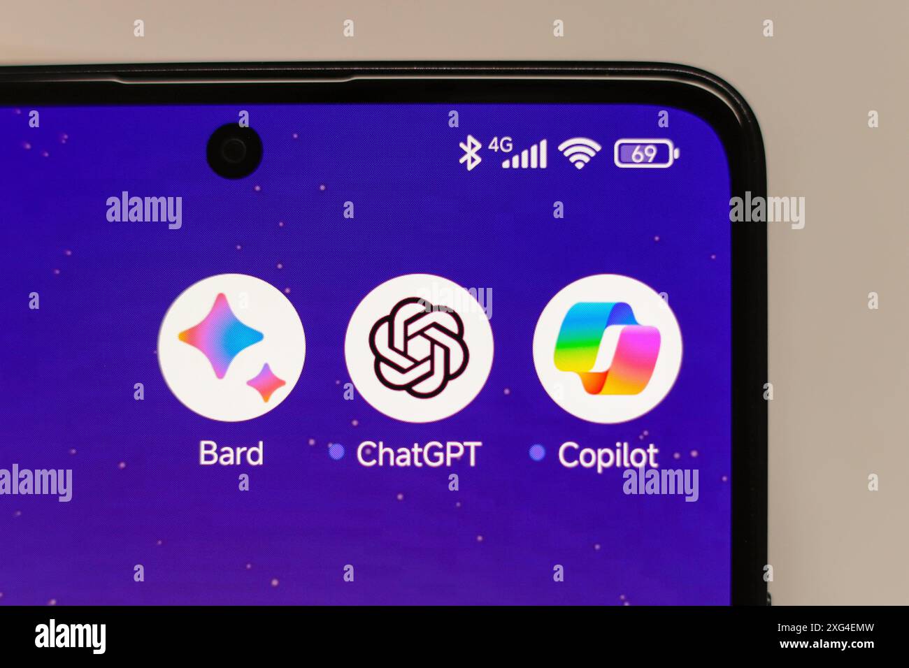 In this photo illustration, a Google Bard, ChatGPT and Copilot apps displayed on a smartphone ...