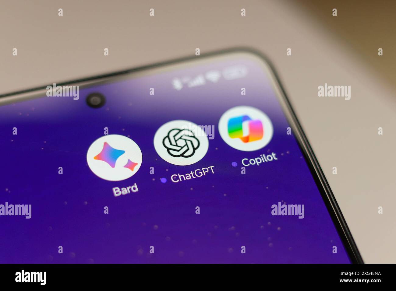 In this photo illustration, a Google Bard, ChatGPT and Copilot apps displayed on a smartphone ...