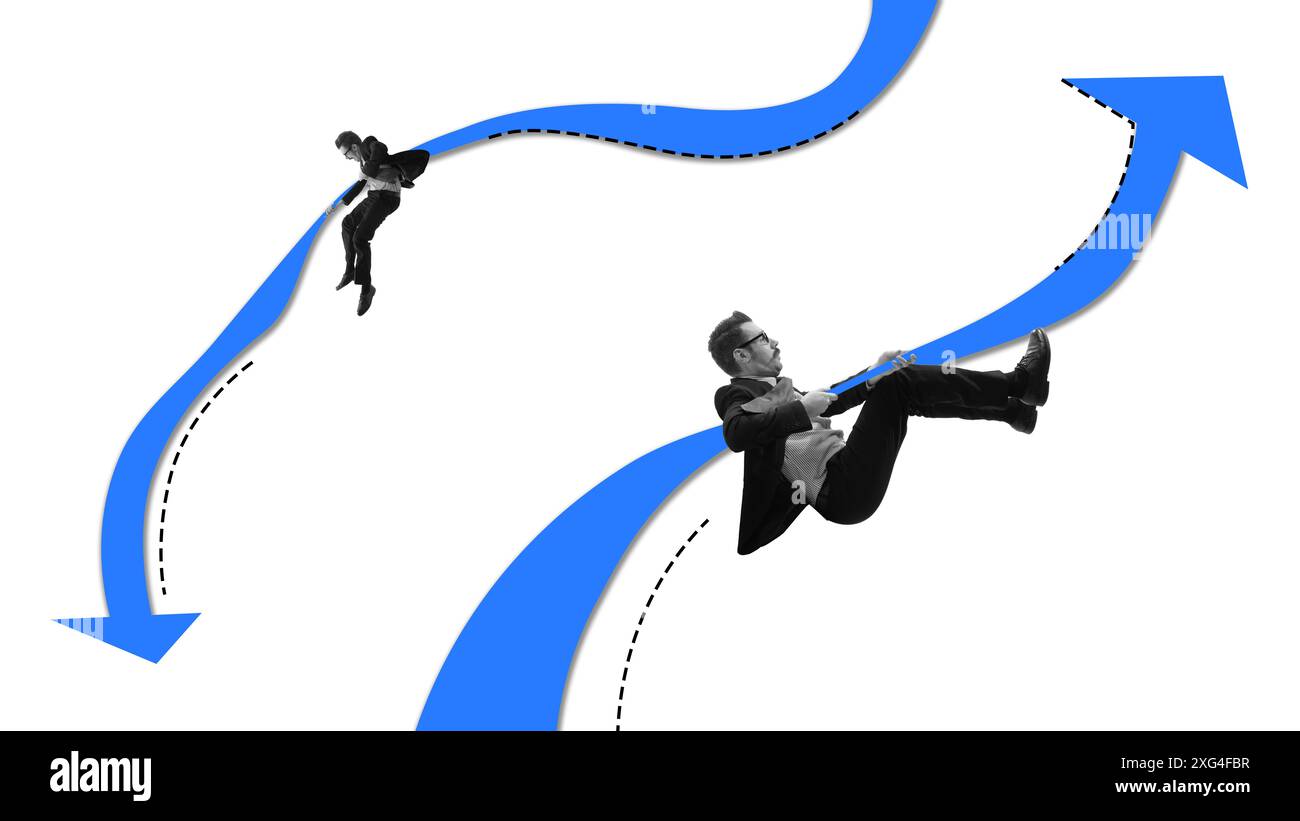 Businessmen in suits ride along dynamic blue arrows, symbolizing career ...